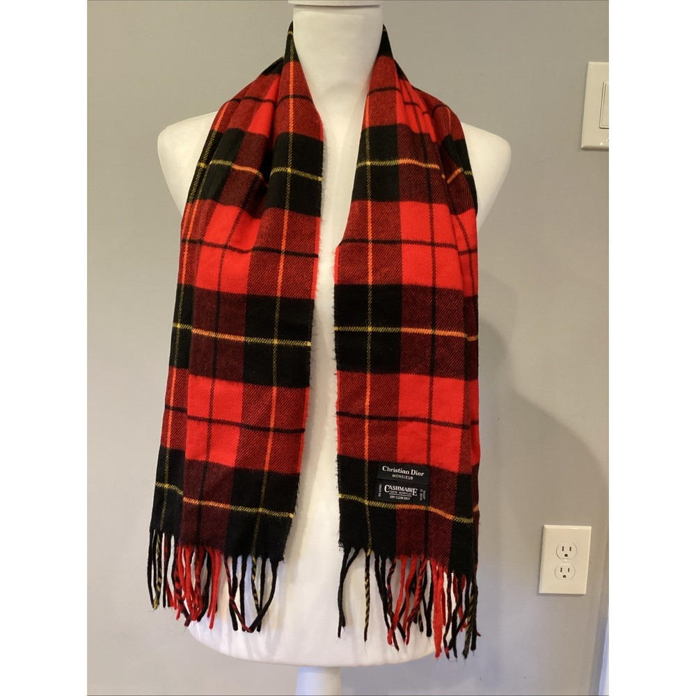 Christian Dior Scarf Red Plaid Fringe Cashmaire Vinta… - Gem